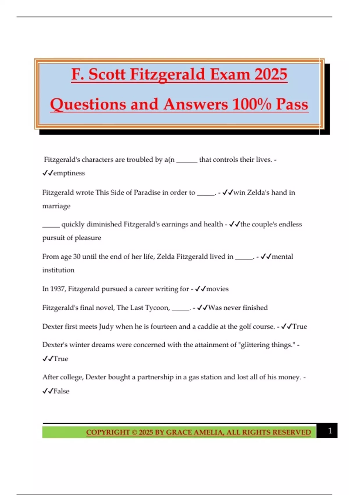 F. Scott Fitzgerald Exam 2025 Questions and Answers 100% Pass - F ...
