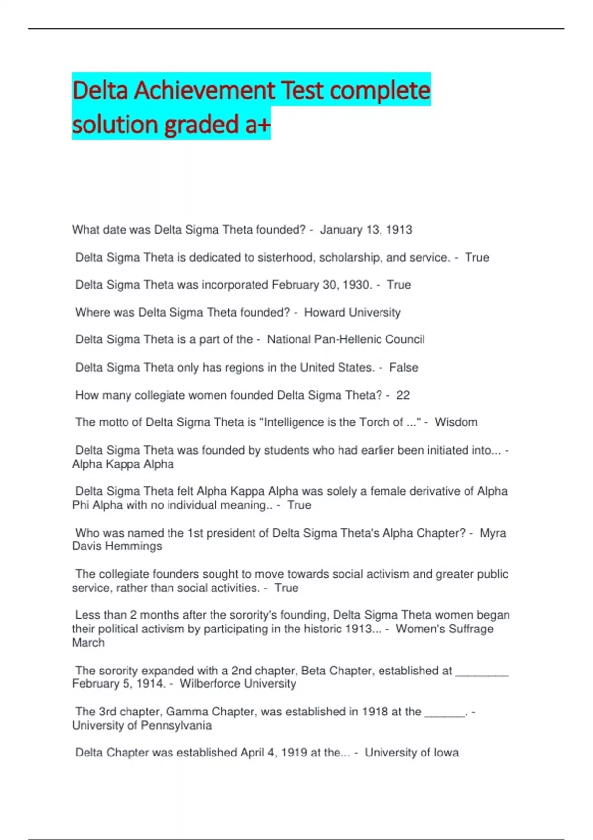 DELTA ACHIEVEMENT TEST COMPLETE SOLUTION GRADED A+ What date was Delta ...