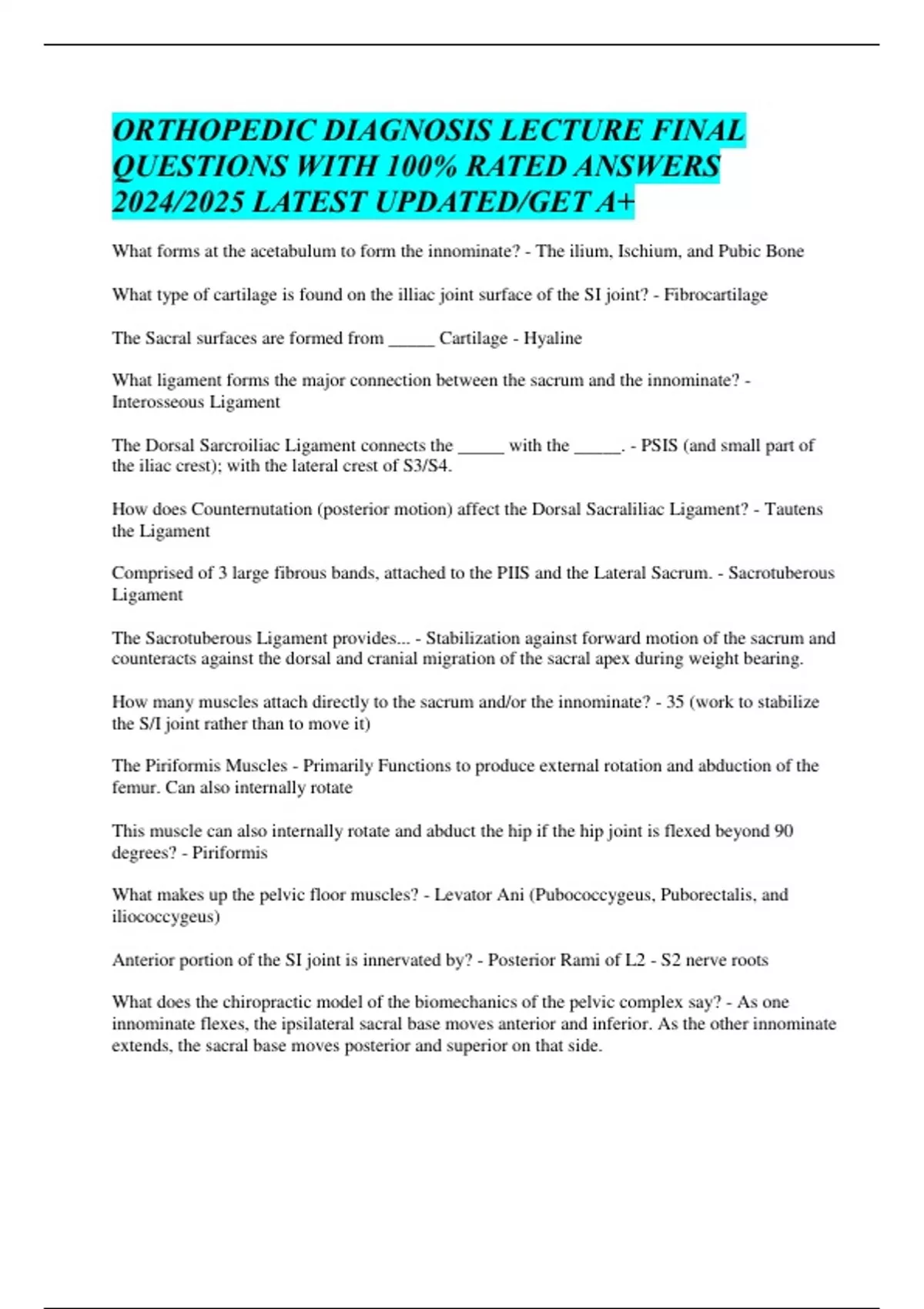 ORTHOPEDIC DIAGNOSIS LECTURE FINAL QUESTIONS WITH 100% RATED ANSWERS ...