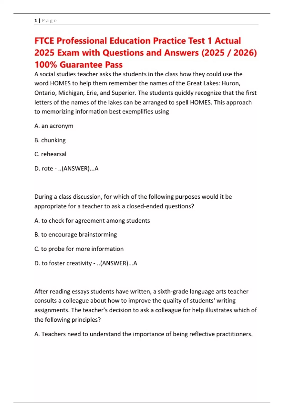 FTCE Professional Education Practice Test 1 Actual 2025 Exam with ...