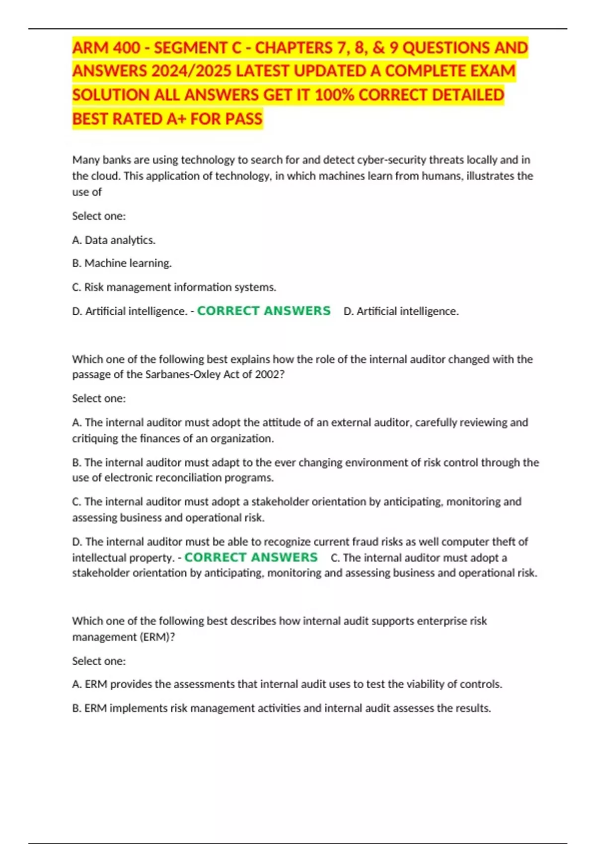 ARM 400 - SEGMENT C - CHAPTERS 7, 8, & 9 QUESTIONS AND ANSWERS 2024/ ...
