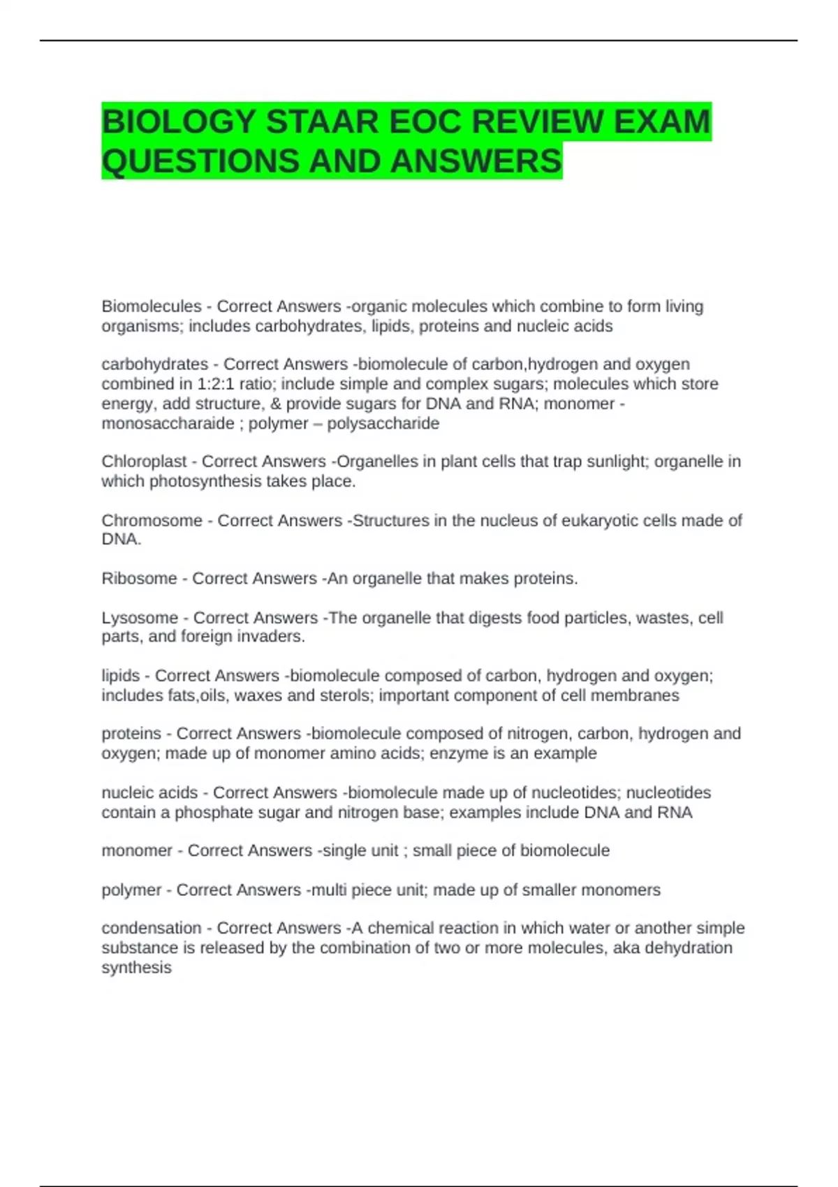 BIOLOGY STAAR EOC REVIEW EXAM QUESTIONS AND ANSWERS - BIOLOGY STAAR ...