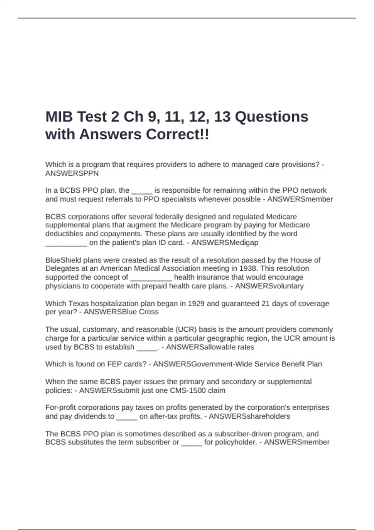 MIB Test 2 Ch 9, 11, 12, 13 Questions with Answers Correct!! - MIB Ch 9 ...