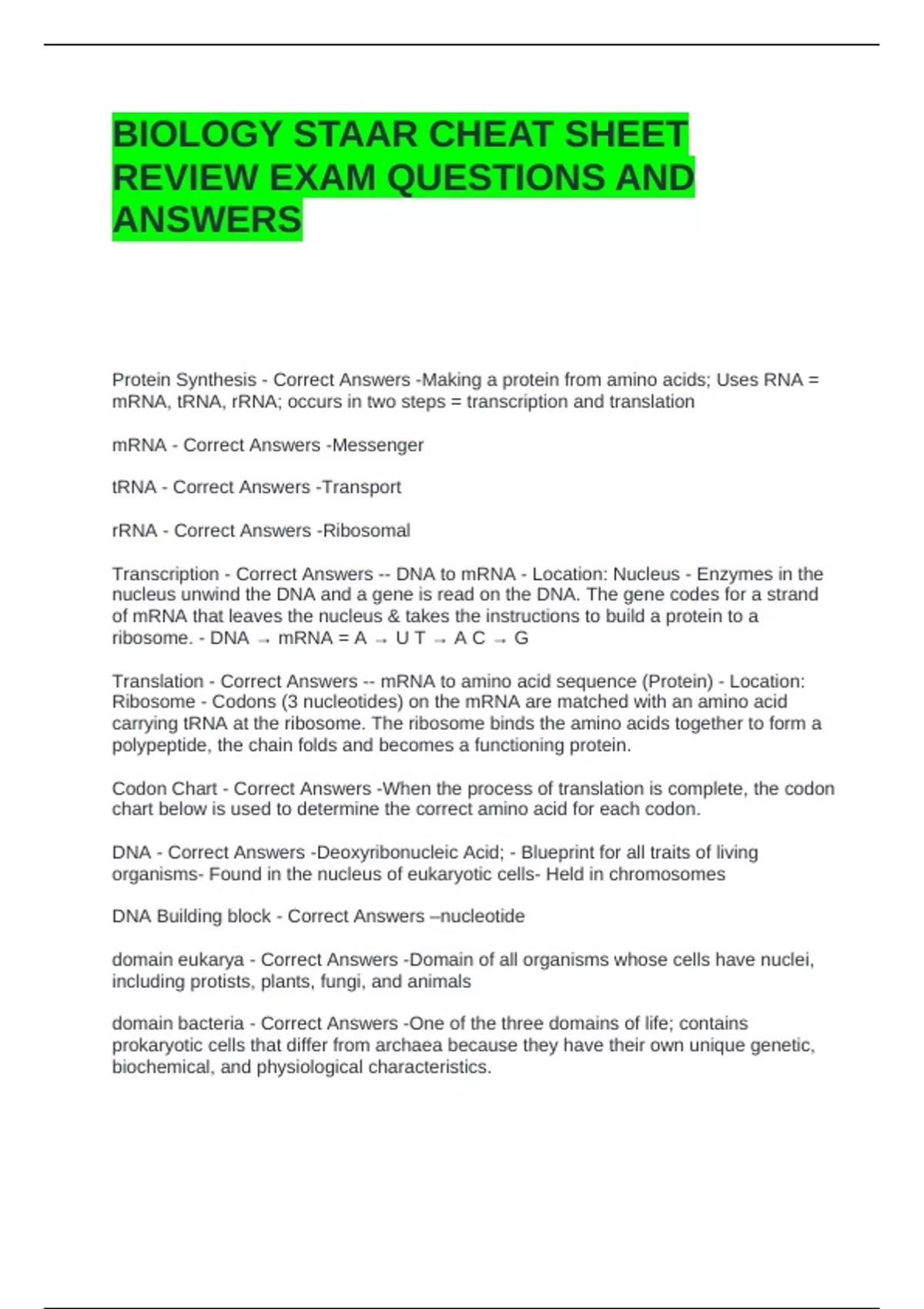 BIOLOGY STAAR CHEAT SHEET REVIEW EXAM QUESTIONS AND ANSWERS - BIO STAAR ...