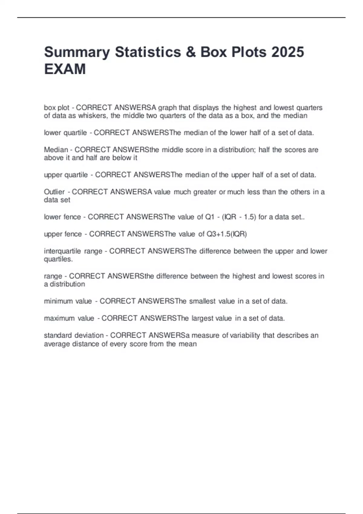 Summary Statistics & Box Plots 2025 EXAM box plot - CORRECT ANSWERSA ...
