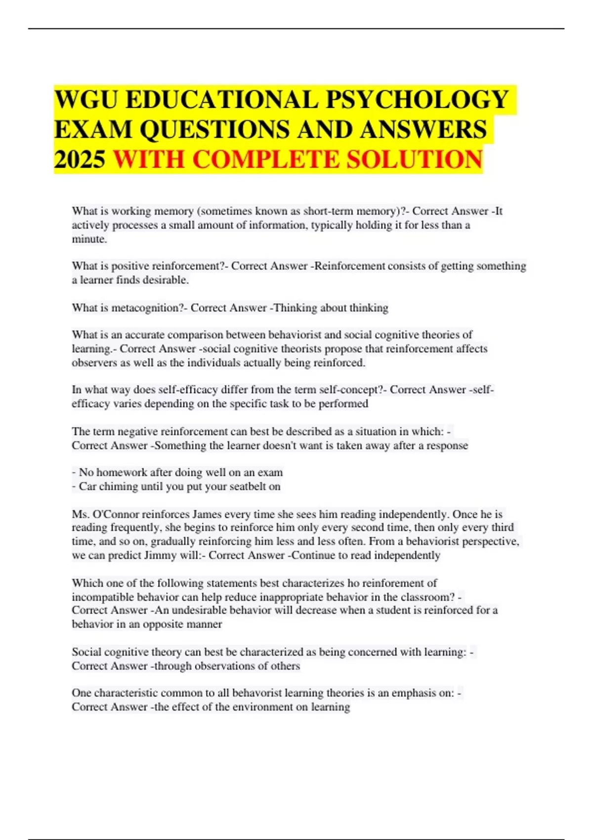 WGU EDUCATIONAL PSYCHOLOGY EXAM QUESTIONS AND ANSWERS 2025 WITH COMPLETE SOLUTION - WGU ...