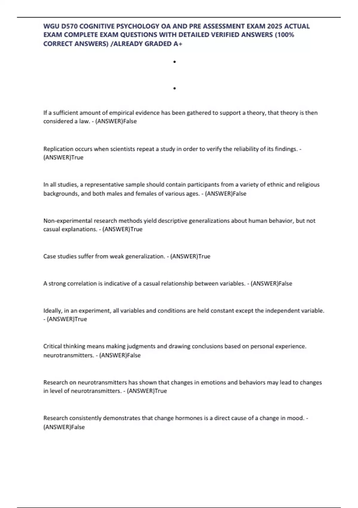 WGU D570 COGNITIVE PSYCHOLOGY OA AND PRE ASSESSMENT EXAM 2025 ACTUAL EXAM COMPLETE EXAM ...