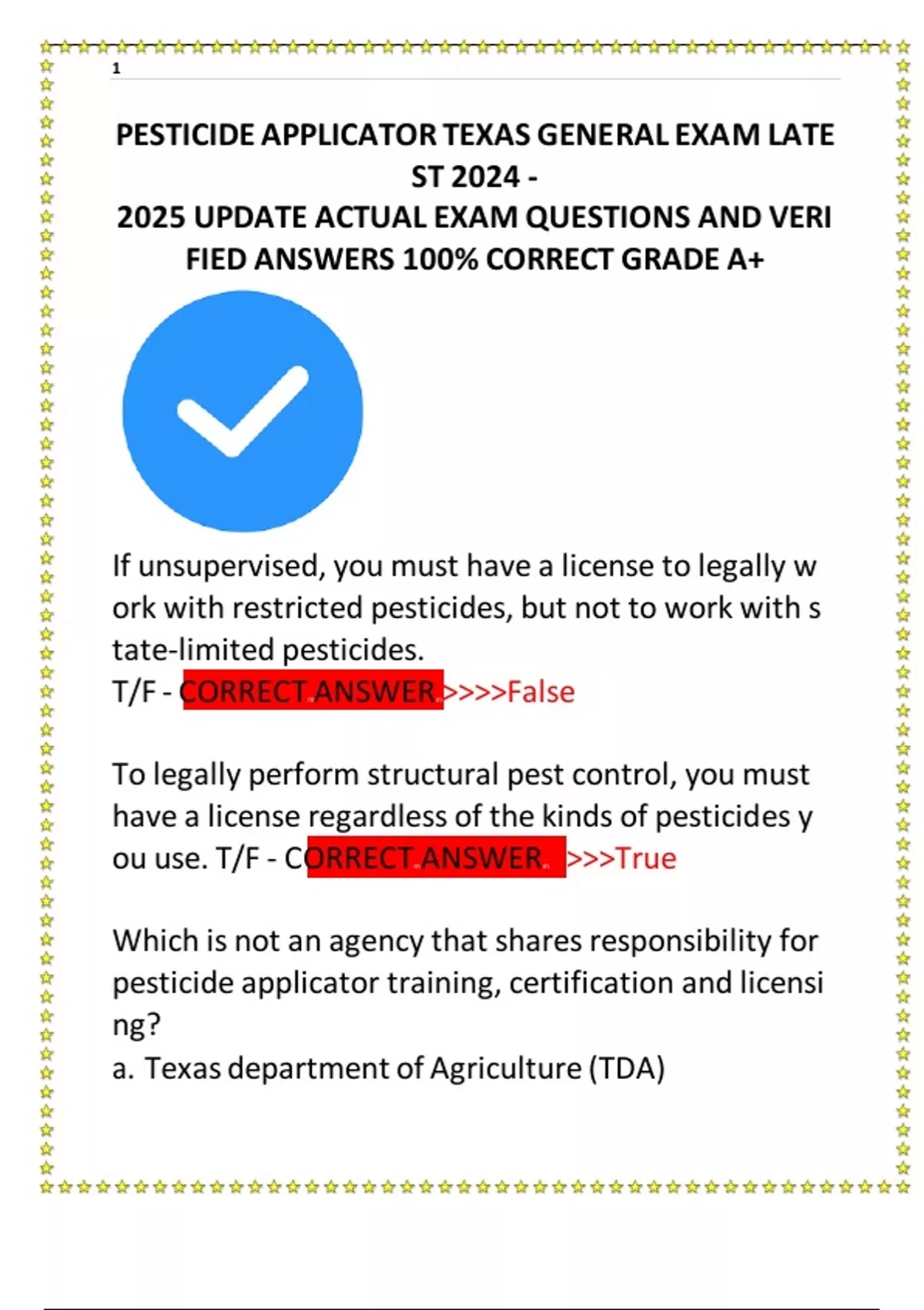 TEXAS PESTICIDE APPLICATOR GENERAL STANDARDS EXAM NEWEST 2025 ACTUAL ...