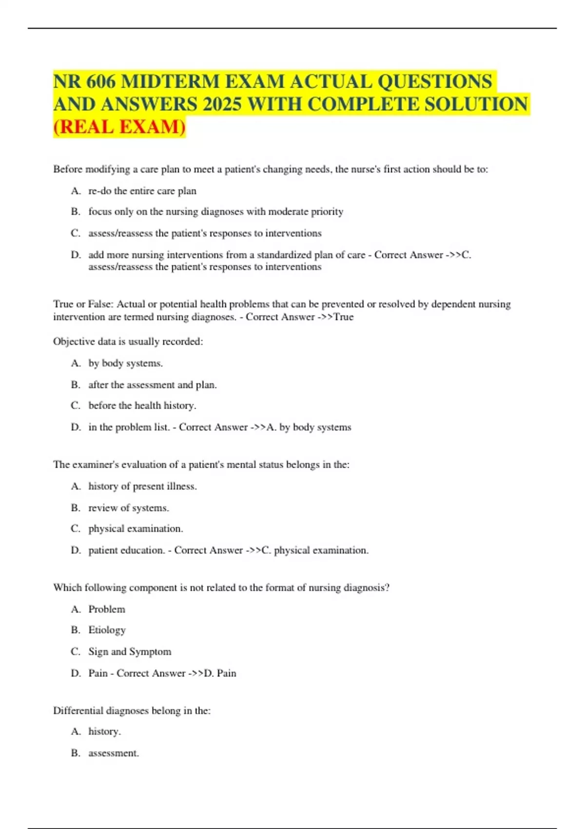 NR 606 MIDTERM EXAM ACTUAL QUESTIONS AND ANSWERS 2025 WITH COMPLETE ...