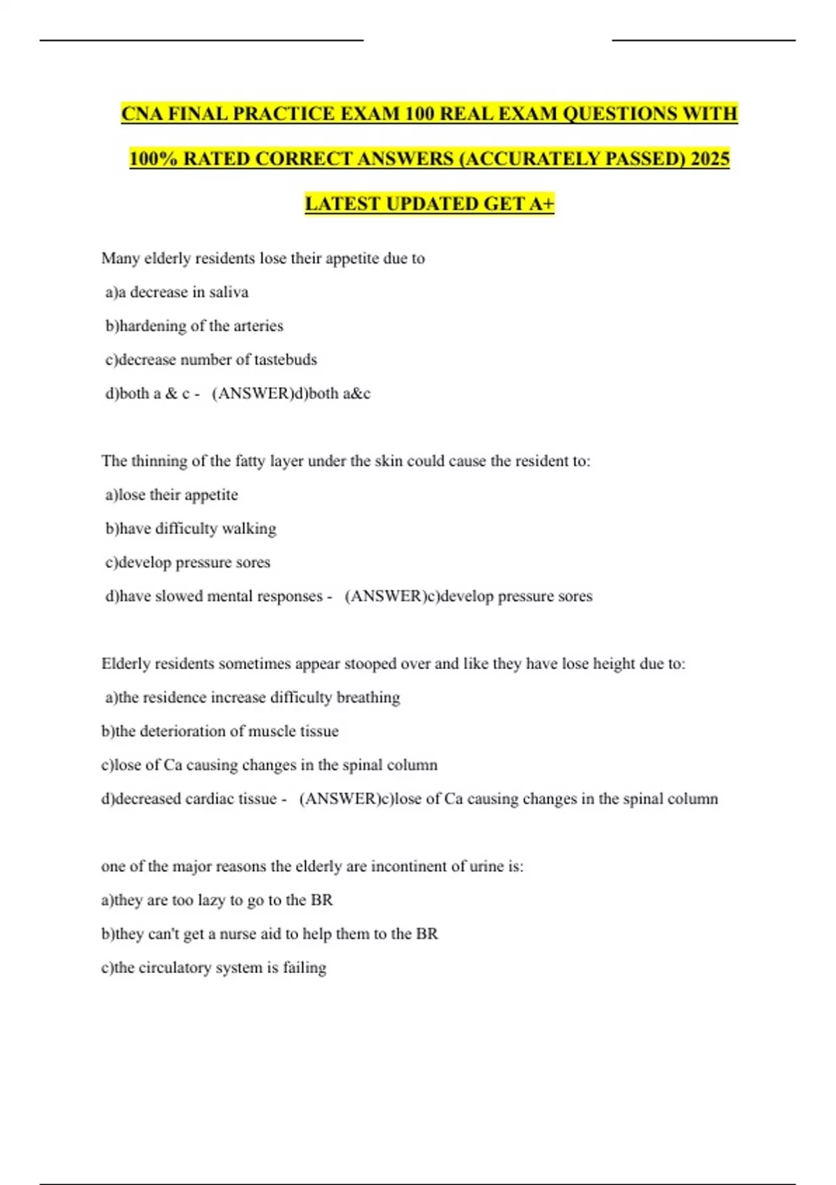 CNA FINAL PRACTICE EXAM 100 REAL EXAM QUESTIONS WITH 100% RATED CORRECT ...