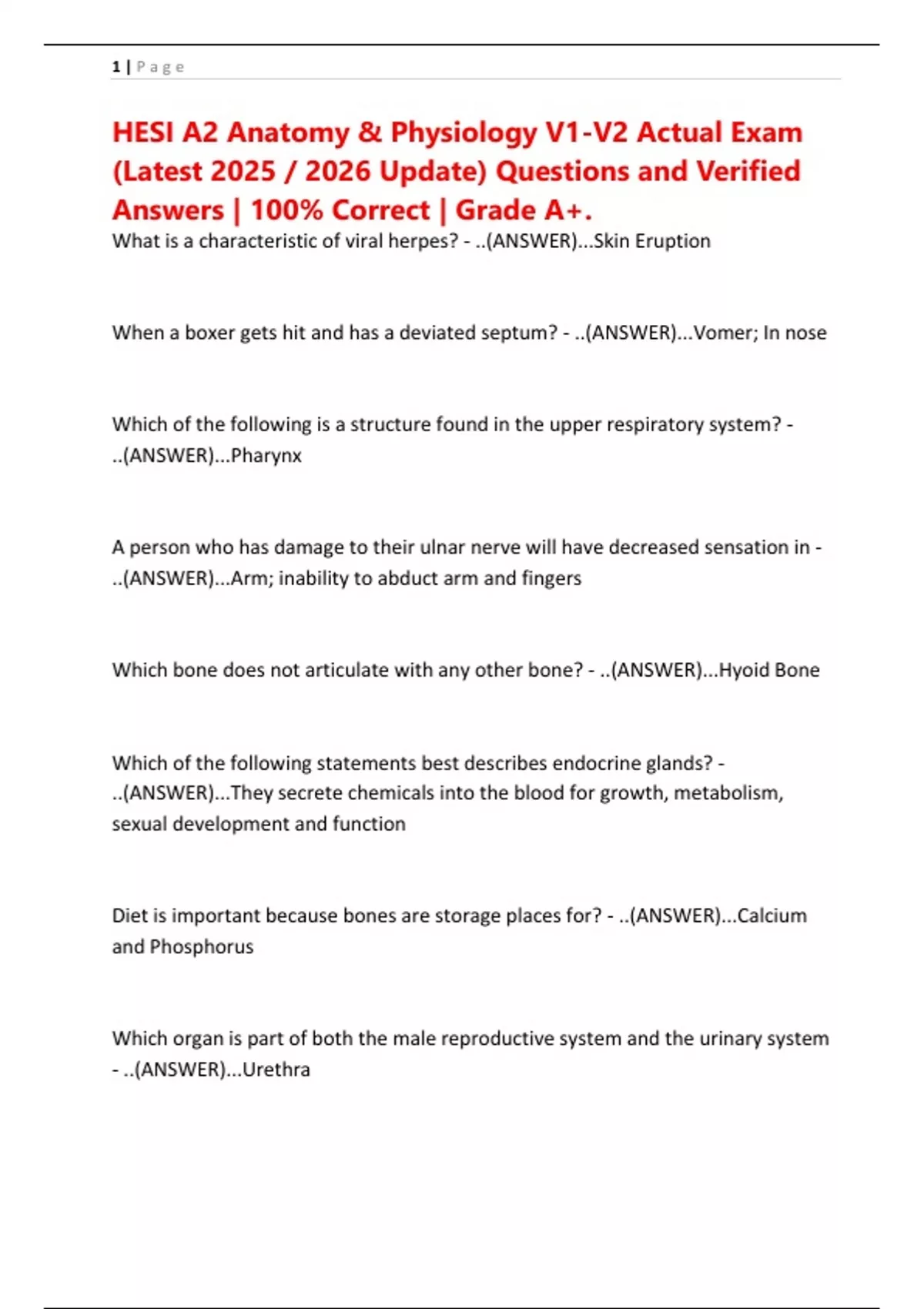 HESI A2 Anatomy & Physiology V1-V2 Actual Exam (Latest 2025 / 2026 ...