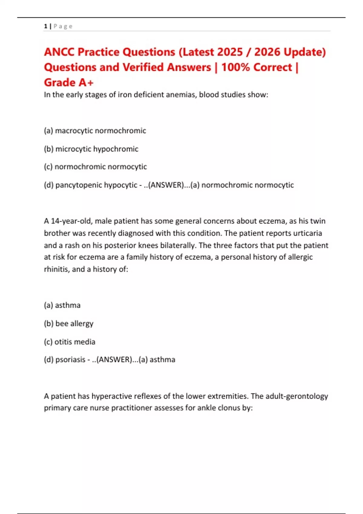 ANCC Practice Questions (Latest 2025 / 2026 Update) Questions and ...