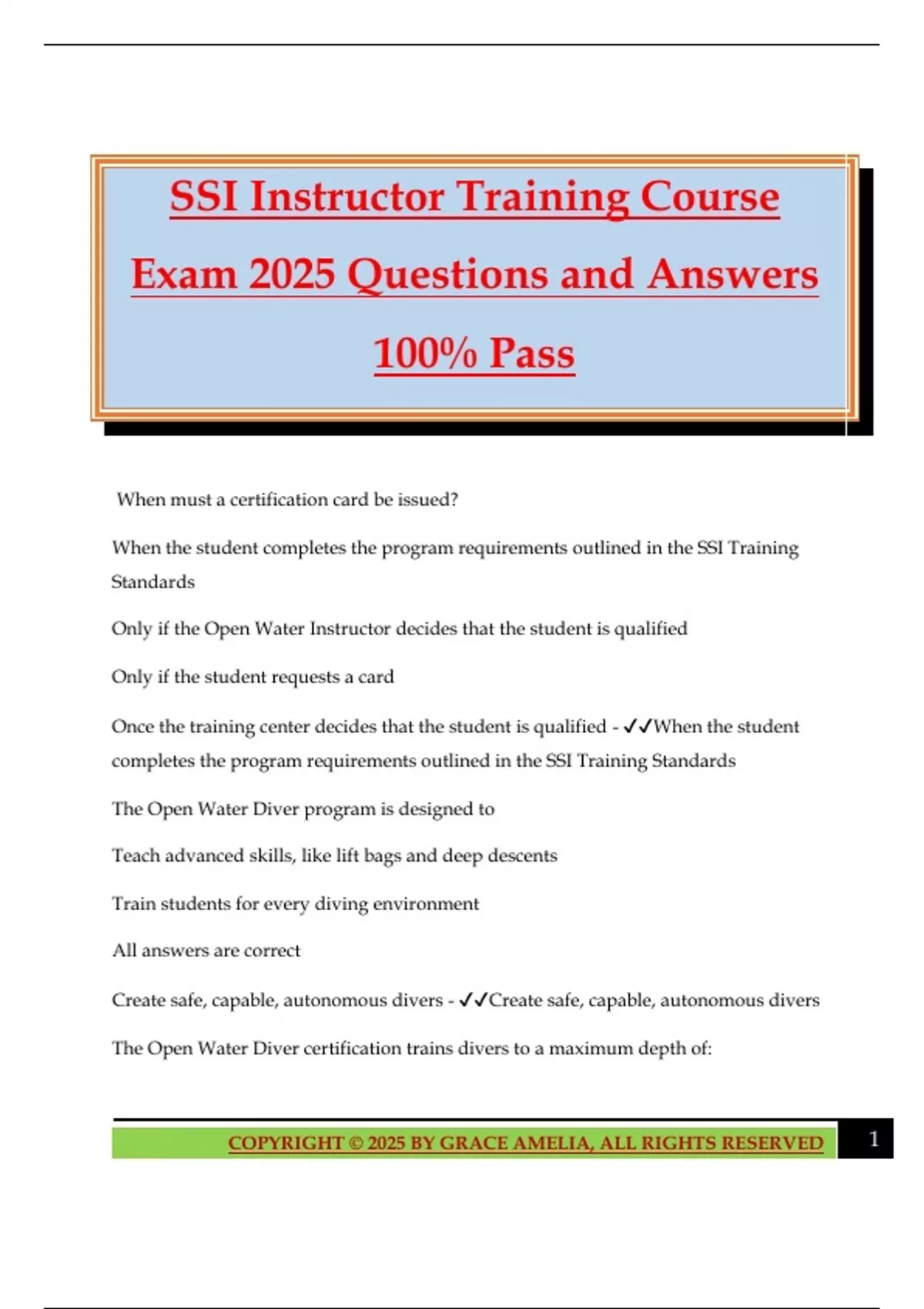 SSI Instructor Training Course Exam 2025 Questions and Answers 100% Pass - SSI Instructor ...