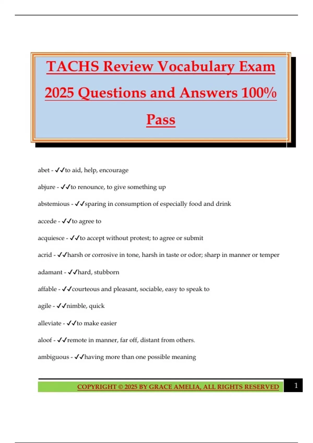 TACHS Review Vocabulary Exam 2025 Questions and Answers 100% Pass ...