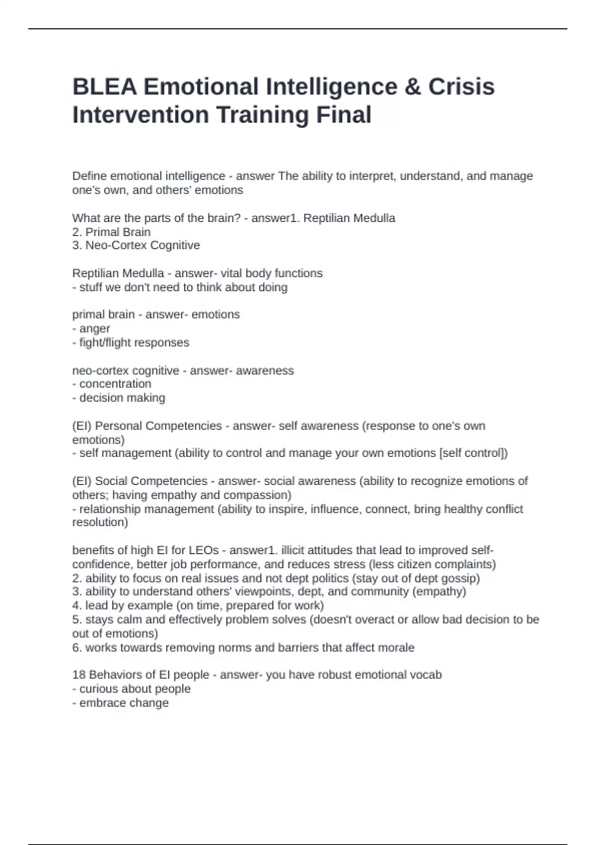 BLEA Emotional Intelligence Questions and Answers 100% Solved - BLEA - Stuvia US