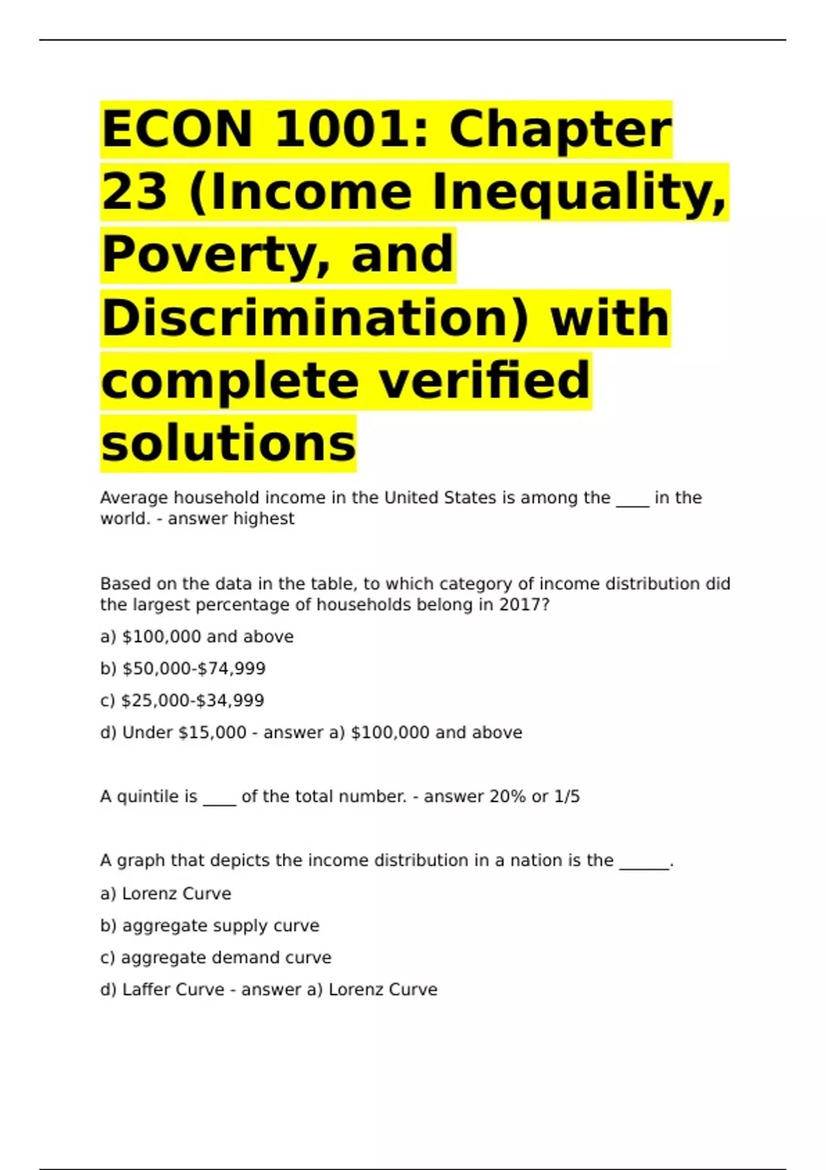 ECON 1001 Chapter 23 (Income Inequality, Poverty, and Discrimination) with complete verified ...