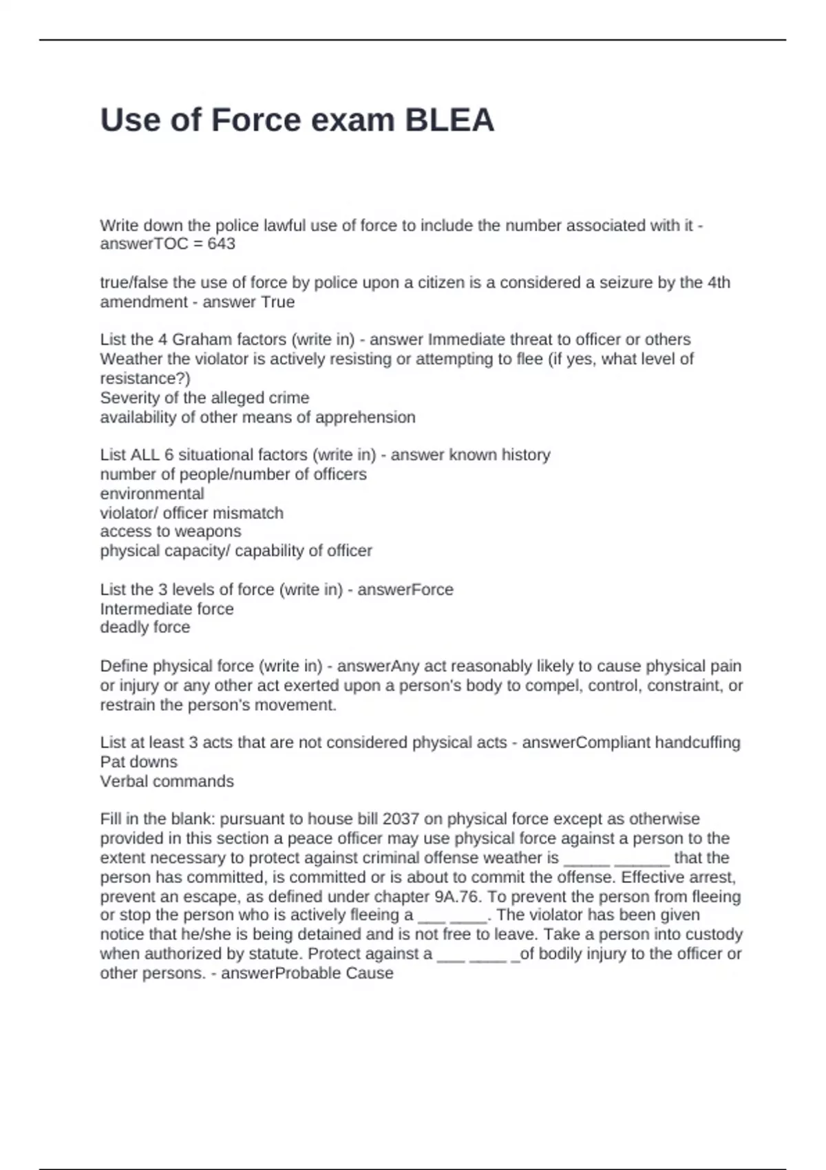 Use of Force exam BLEA Questions and Answers - BLEA - Stuvia US