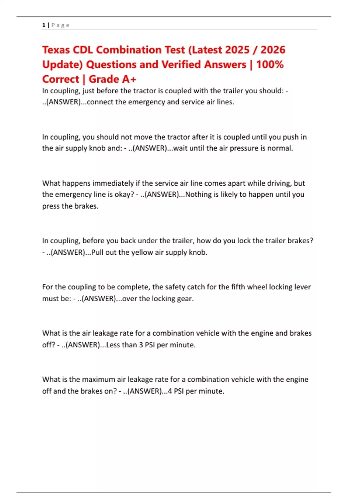 Texas CDL Combination Test (Latest 2025 / 2026 Update) Questions and ...