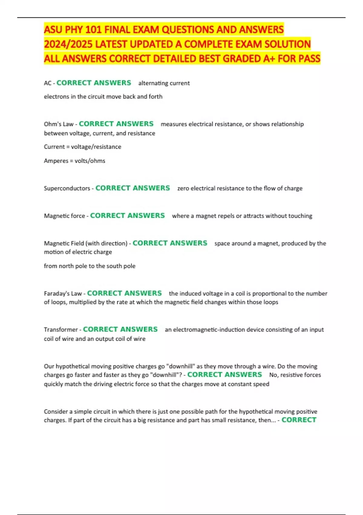 ASU PHY 101 FINAL EXAM QUESTIONS AND ANSWERS 2024/2025 LATEST UPDATED A ...