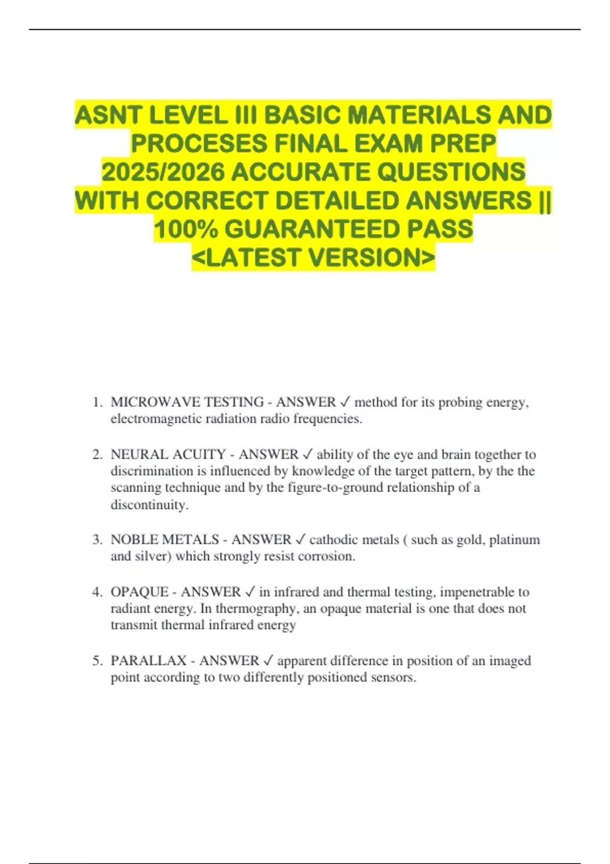 ASNT LEVEL III BASIC MATERIALS AND PROCESES FINAL EXAM PREP 2025/2026 ACCURATE QUESTIONS WITH ...
