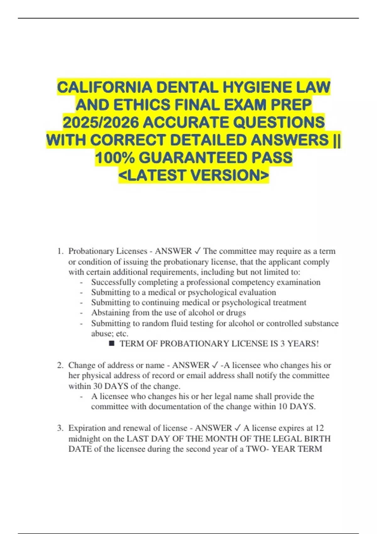 CALIFORNIA DENTAL HYGIENE LAW AND ETHICS FINAL EXAM PREP 2025/2026 ...