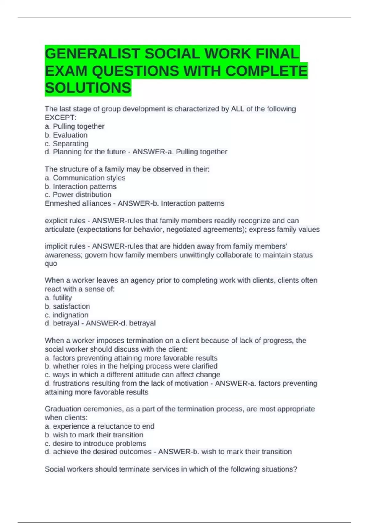 GENERALIST SOCIAL WORK FINAL EXAM QUESTIONS WITH COMPLETE SOLUTIONS ...