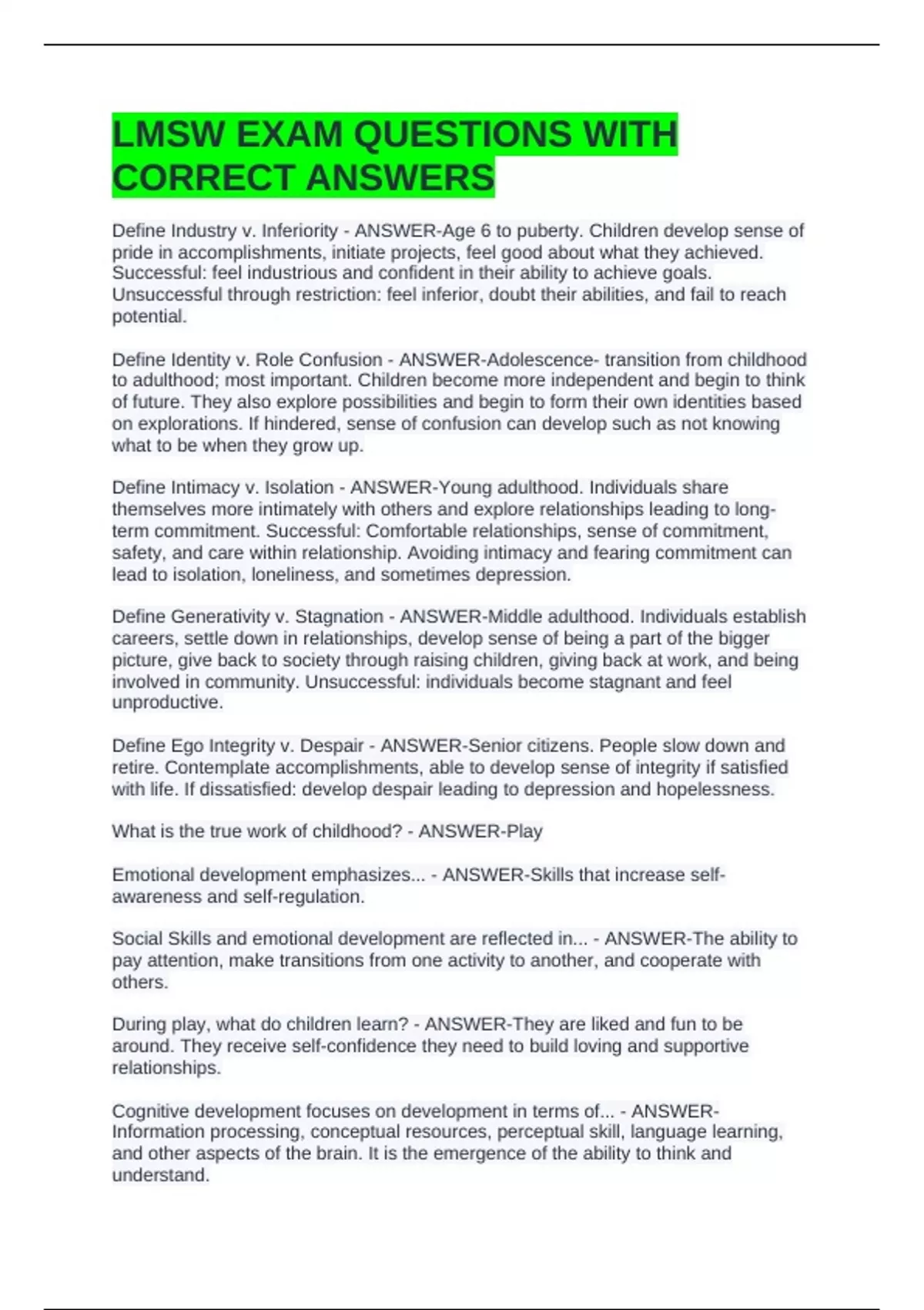 LMSW EXAM QUESTIONS WITH CORRECT ANSWERS - Social work - Stuvia US