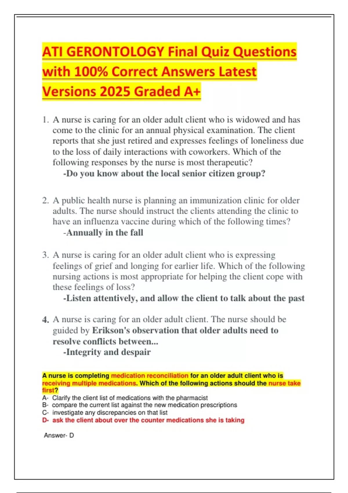 ATI GERONTOLOGY Final Quiz Questions with 100% Correct Answers Latest ...