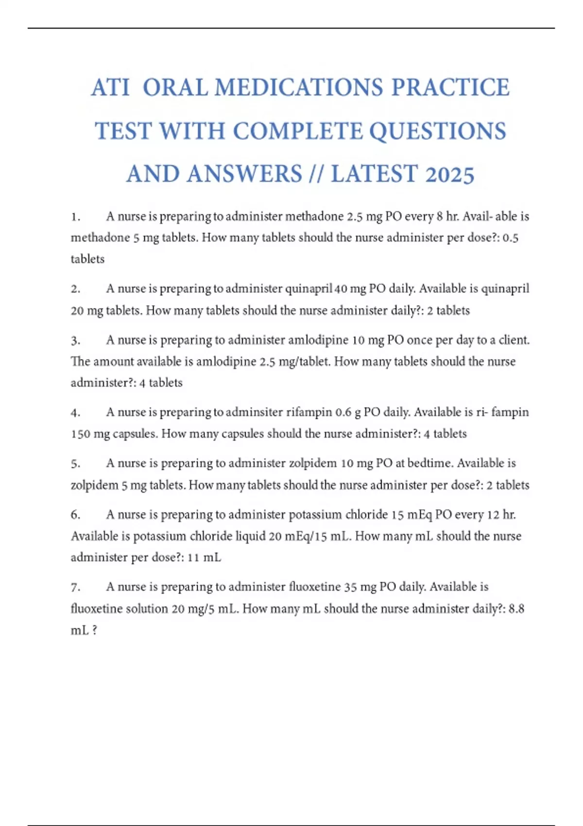 ATI Oral Medications Practice Test – Latest 2025 | Complete Questions ...