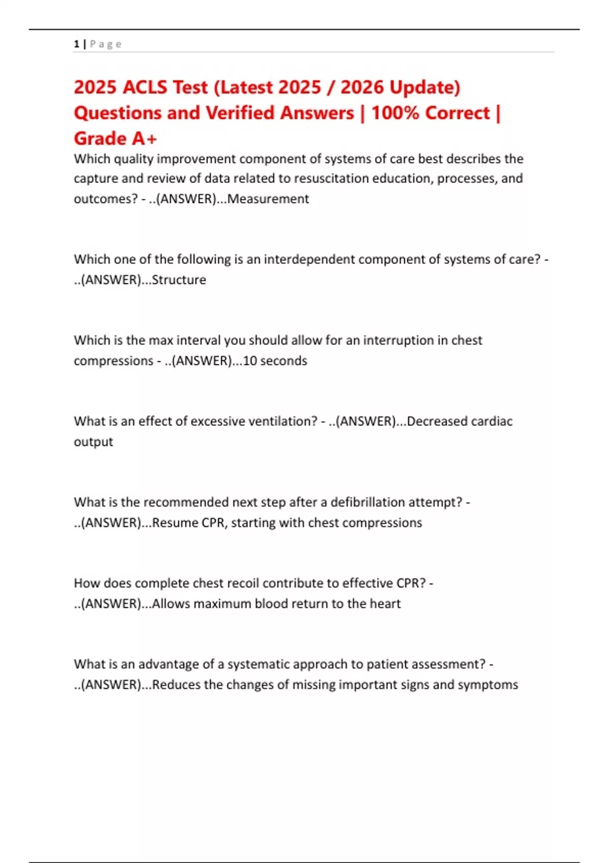 2025 ACLS Test (Latest 2025 / 2026 Update) Questions and Verified ...