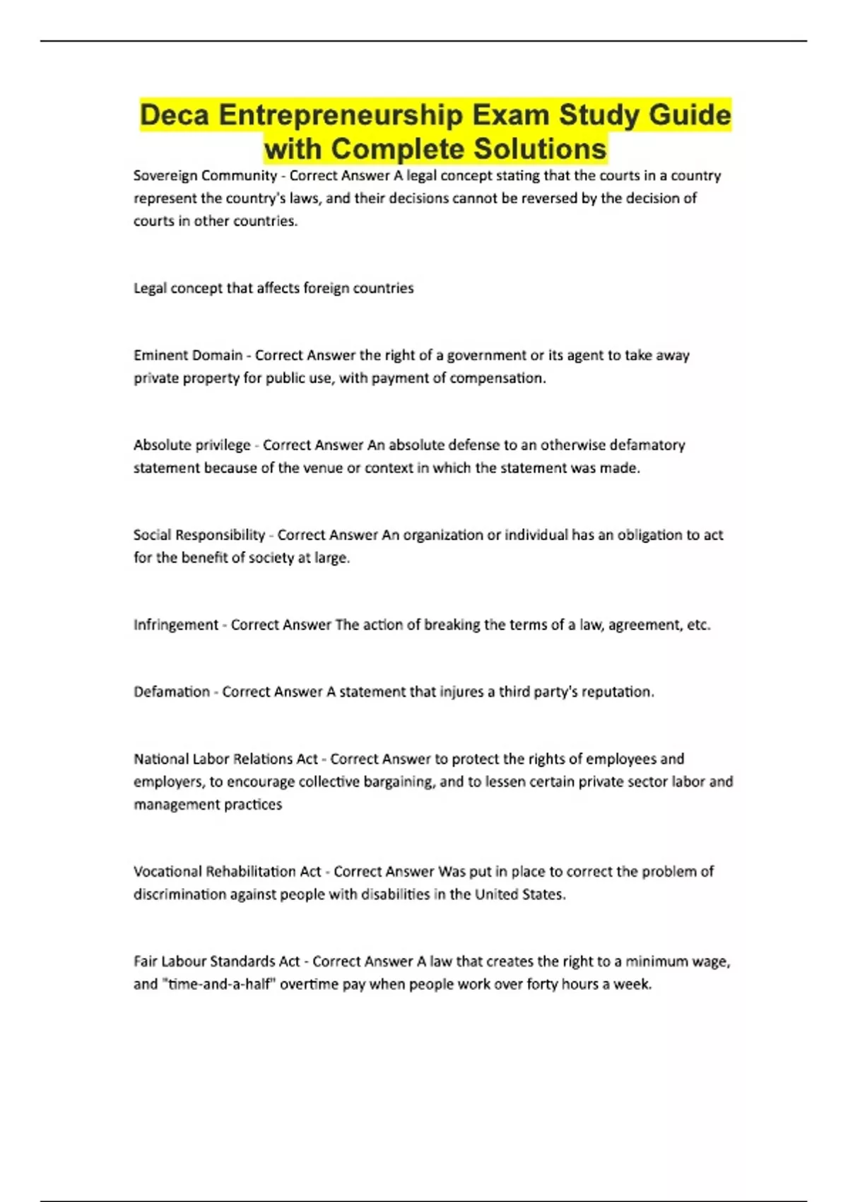 Deca Entrepreneurship Complete Test Bundle 2025/2026 - Stuvia US