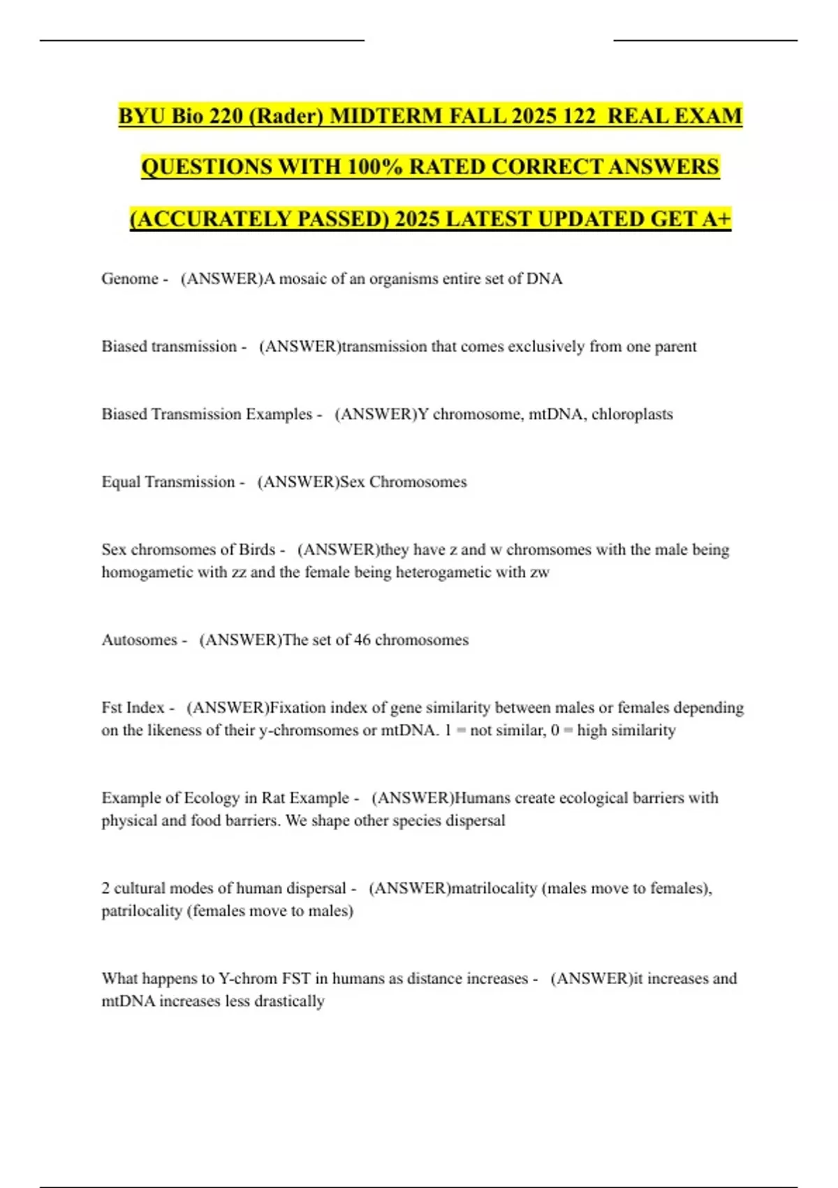 BYU Bio 220 (Rader) MIDTERM FALL 2025 122 REAL EXAM QUESTIONS WITH 100% RATED CORRECT ANSWERS ...