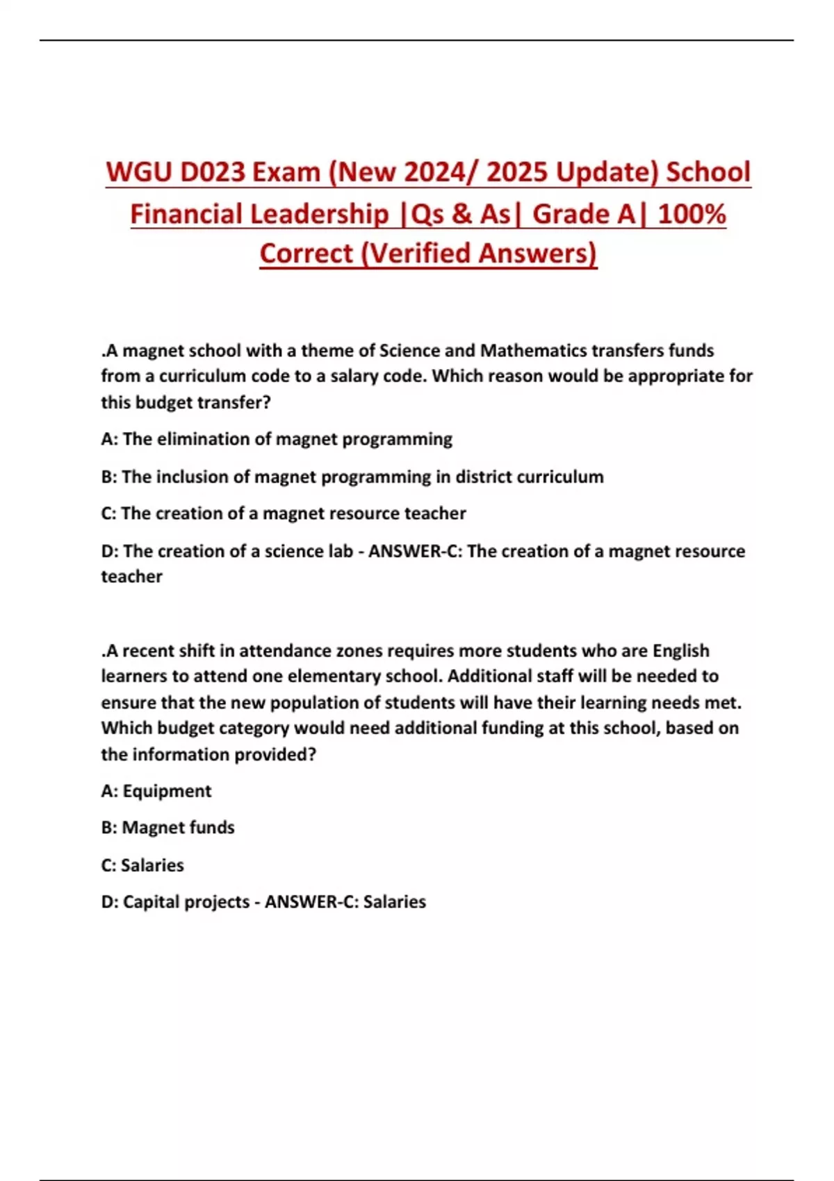 WGU D023 Exam (New 2024/ 2025 Update) School Financial Leadership |Qs ...