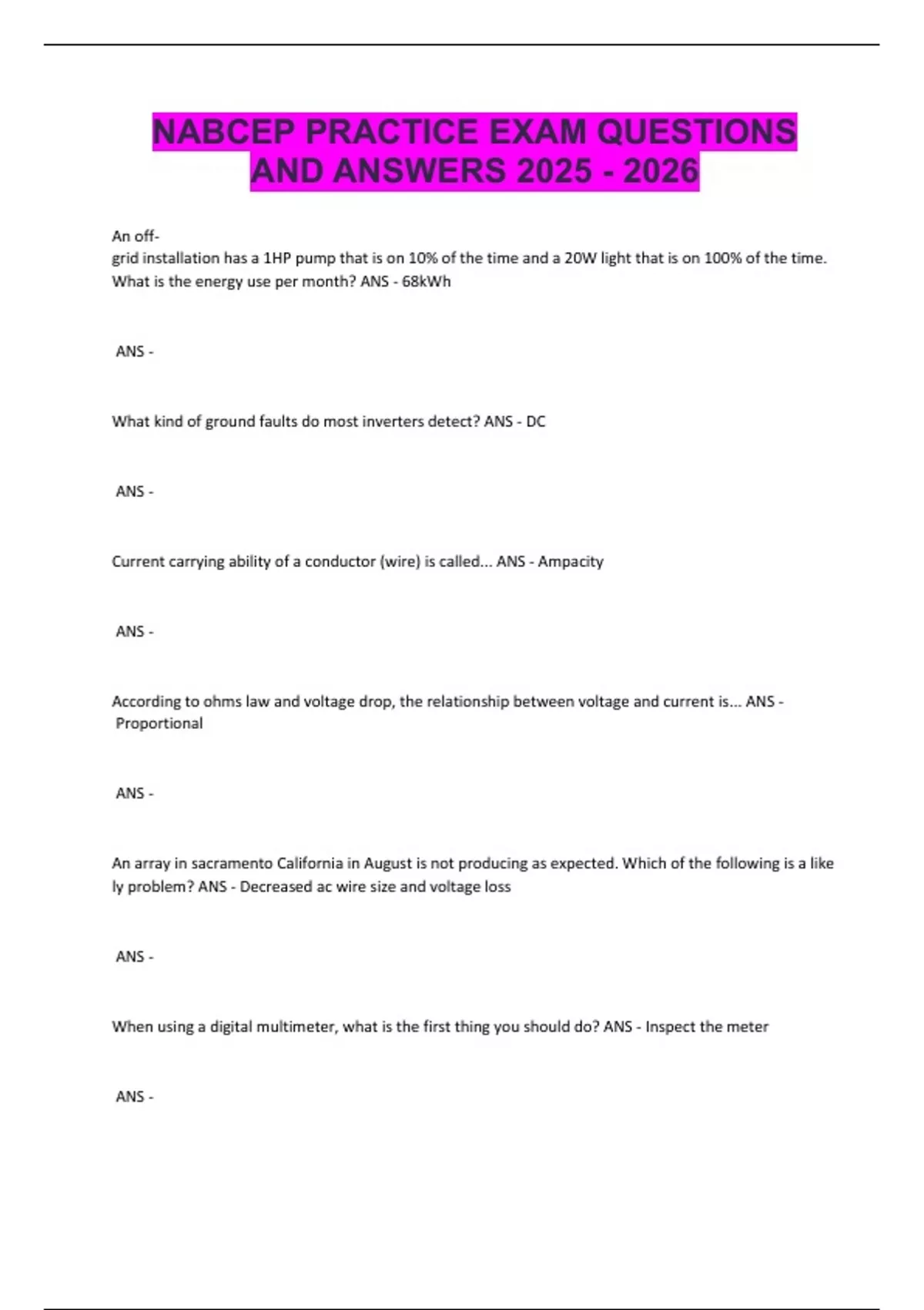 NABCEP PRACTICE EXAM QUESTIONS AND ANSWERS - CET - Stuvia US