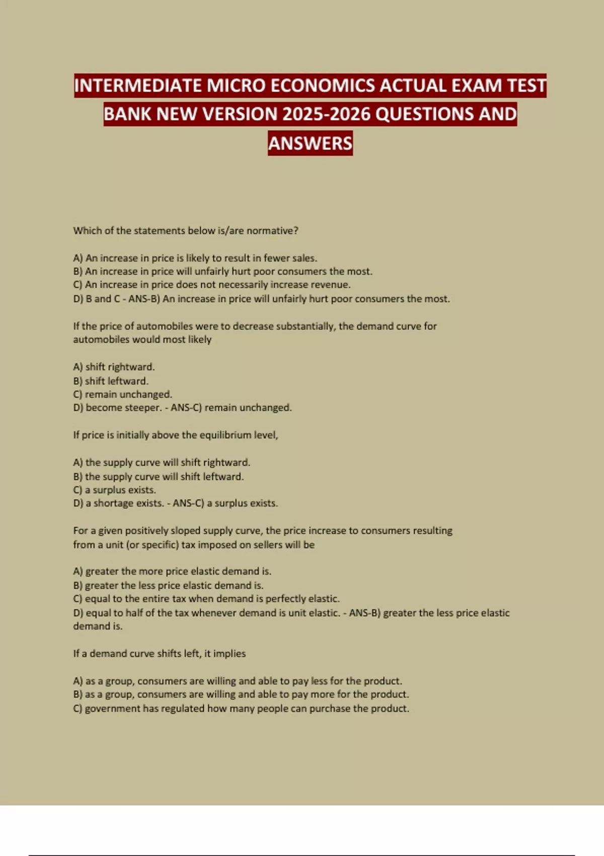 INTERMEDIATE MICRO ECONOMICS ACTUAL EXAM TEST BANK NEW VERSION ...