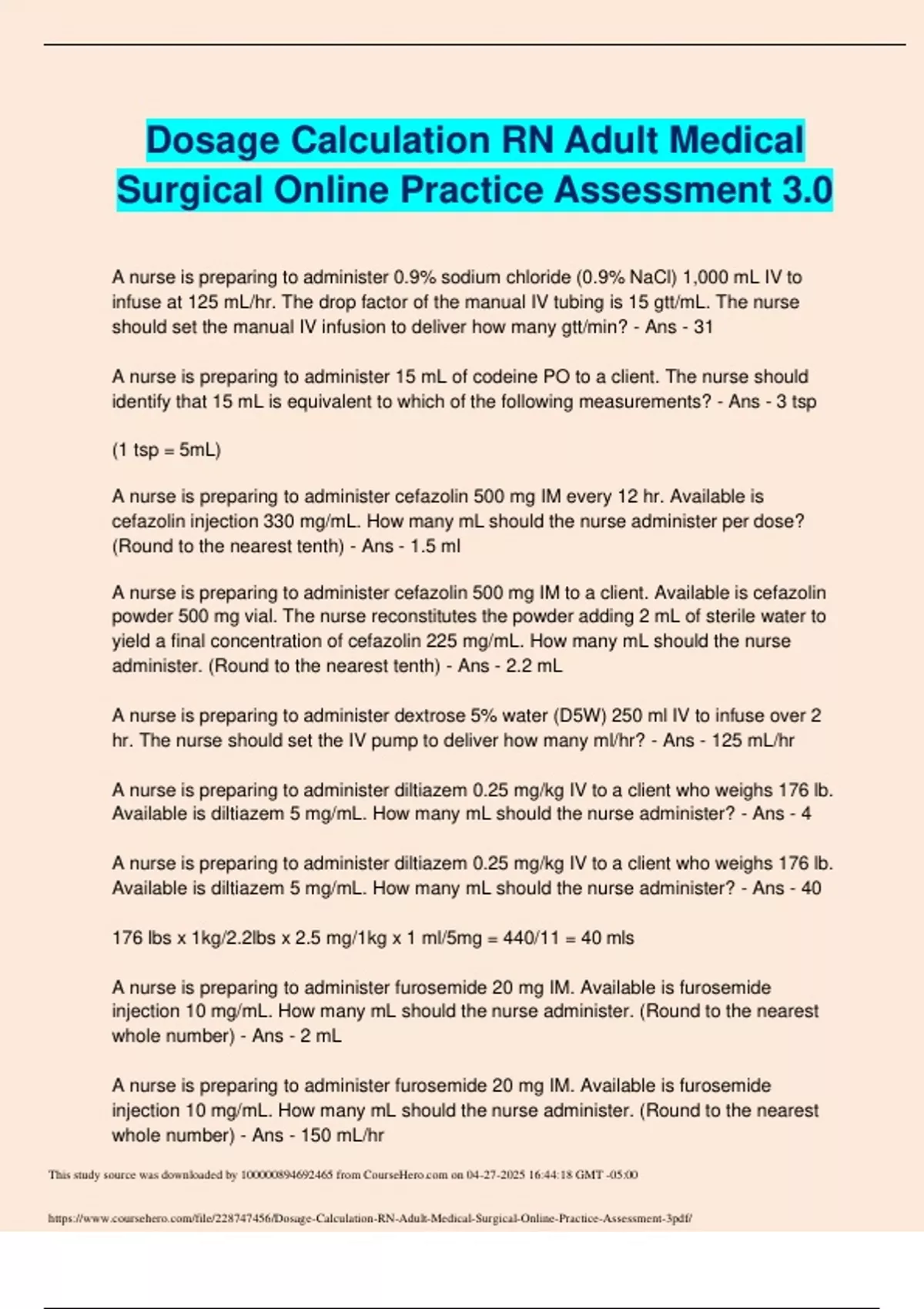DOSAGE CALCULATION RN ADULT MEDICAL SURGICAL ONLINE PRACTICE ASSESSMENT ...
