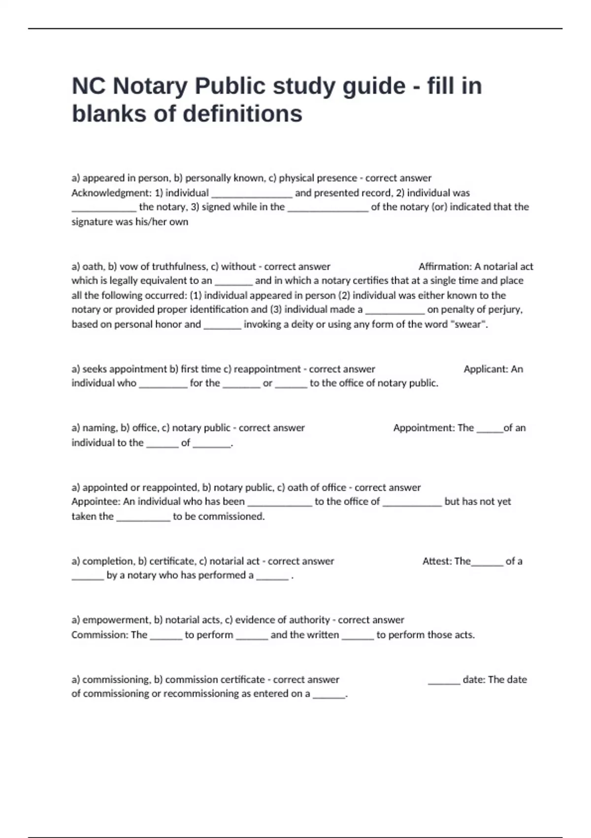 NC Notary Public study guide - fill in blanks of definitions Set Exam ...