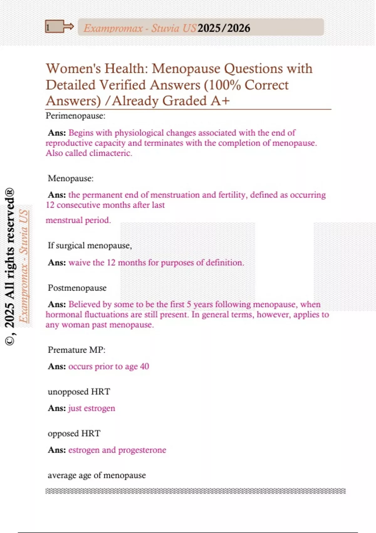 Women's Health: Menopause Questions with Detailed Verified Answers (100 ...