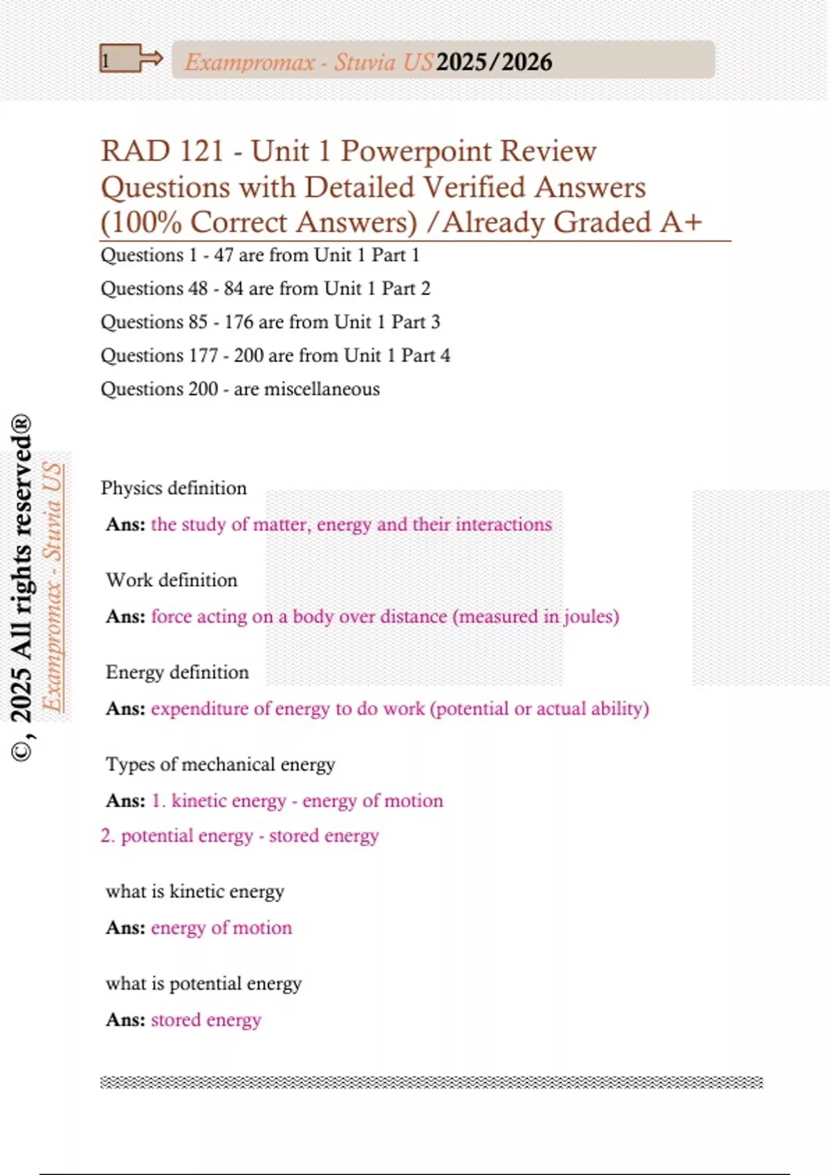 RAD 121 - Unit 1 Powerpoint Review Questions with Detailed Verified ...