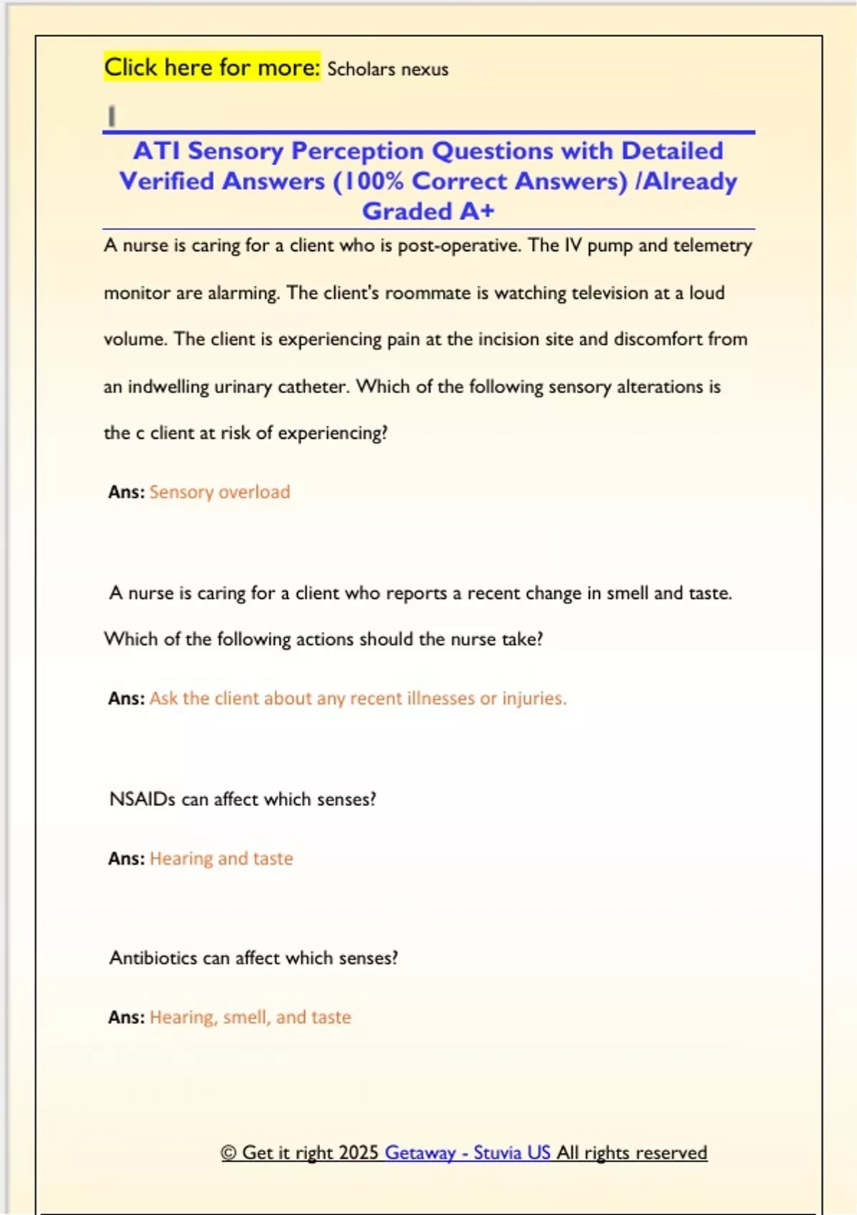 ATI Sensory Perception Questions with Detailed Verified Answers (100% ...