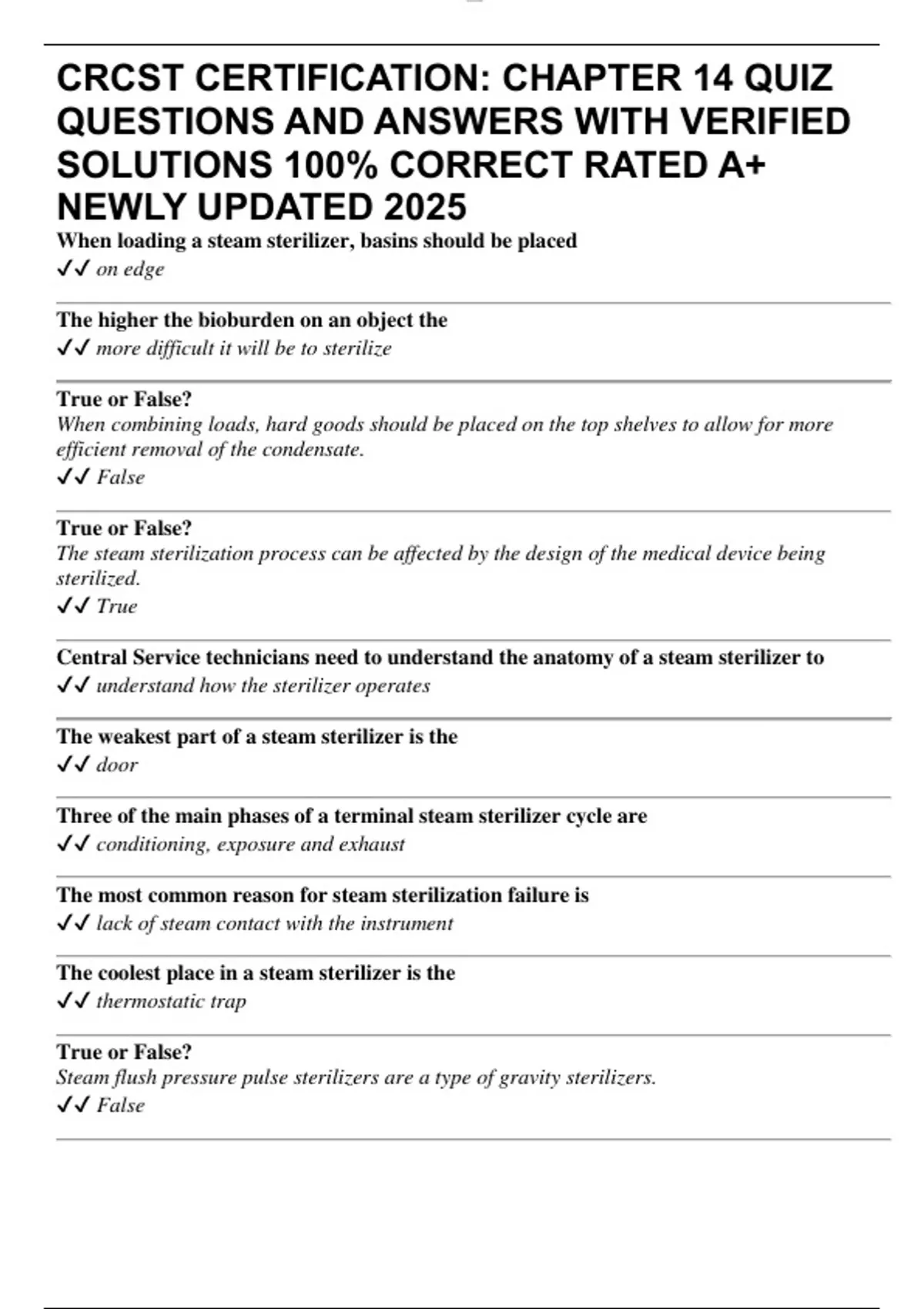 CRCST CERTIFICATION: CHAPTER 14 QUIZ QUESTIONS AND ANSWERS WITH ...