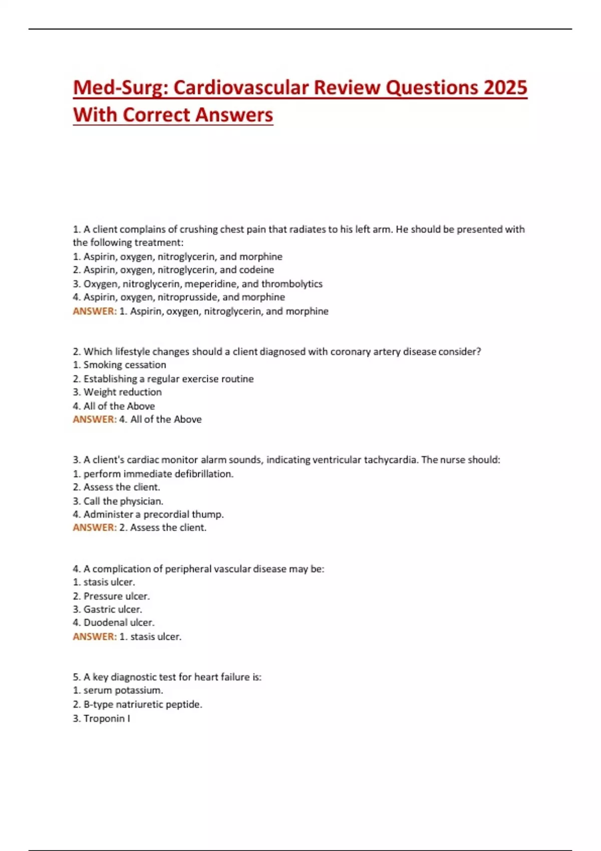 Med-Surg: Cardiovascular Review Questions 2025 With Correct Answers ...
