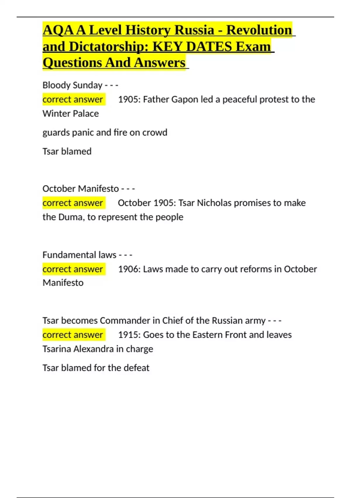 AQA A Level History Russia - Revolution and Dictatorship KEY DATES Exam ...