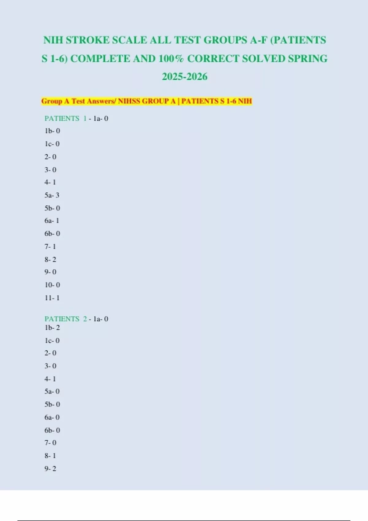 NIH STROKE SCALE ALL TEST GROUPS A-F (PATIENTS S 1-6) COMPLETE AND 100% ...