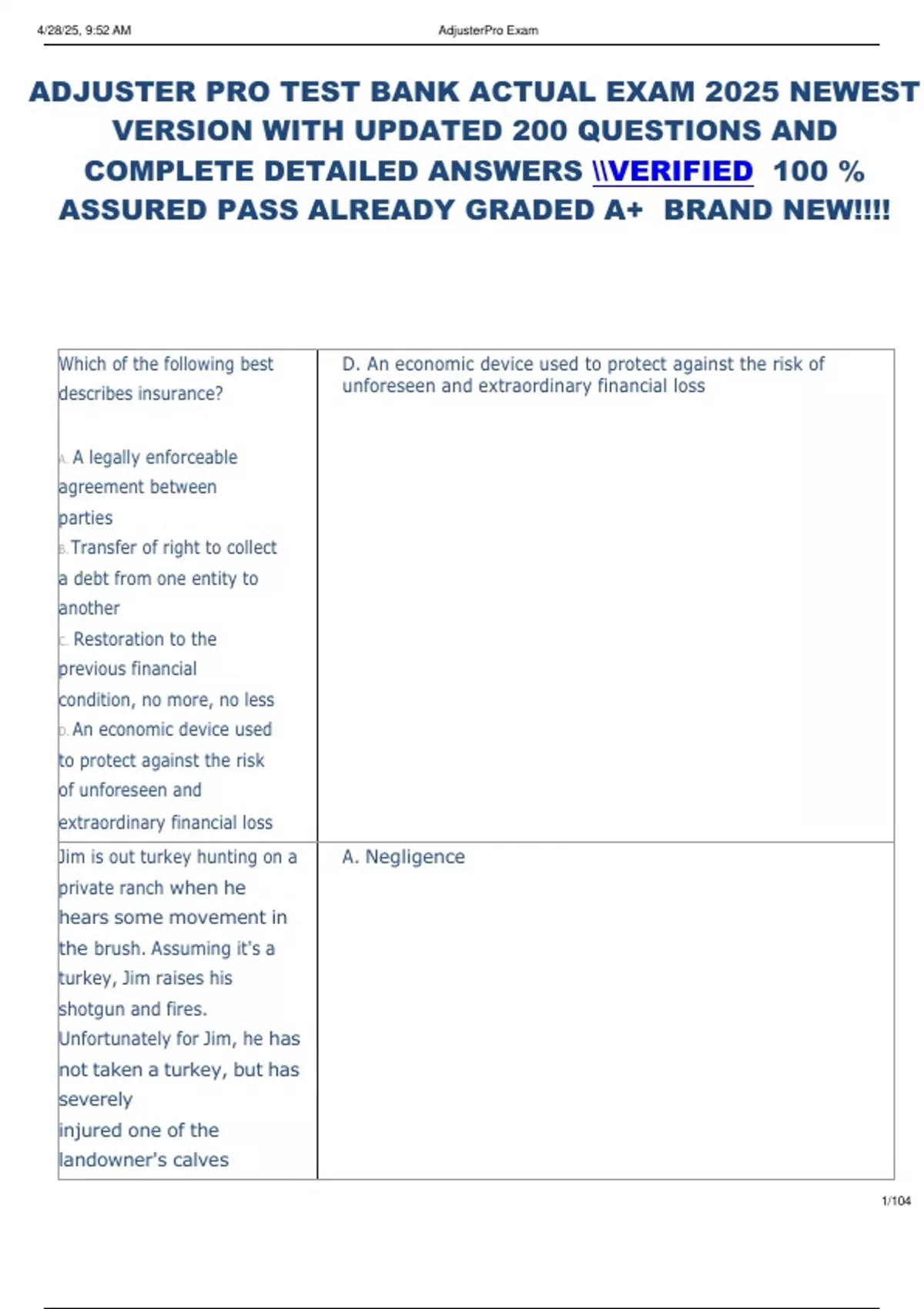 ADJUSTER PRO TEST BANK ACTUAL EXAM 2025 NEWEST VERSION WITH UPDATED 200 ...