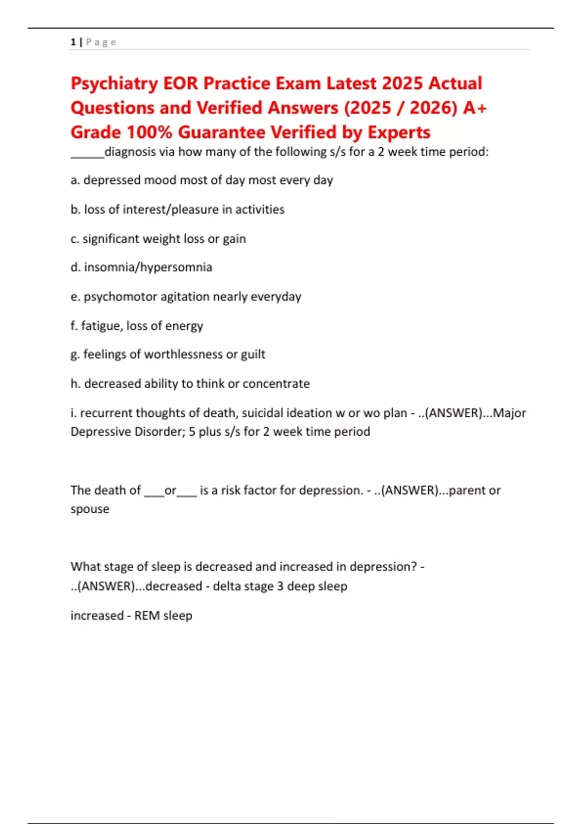 Psychiatry EOR Practice Exam Latest 2025 Actual Questions and Verified ...