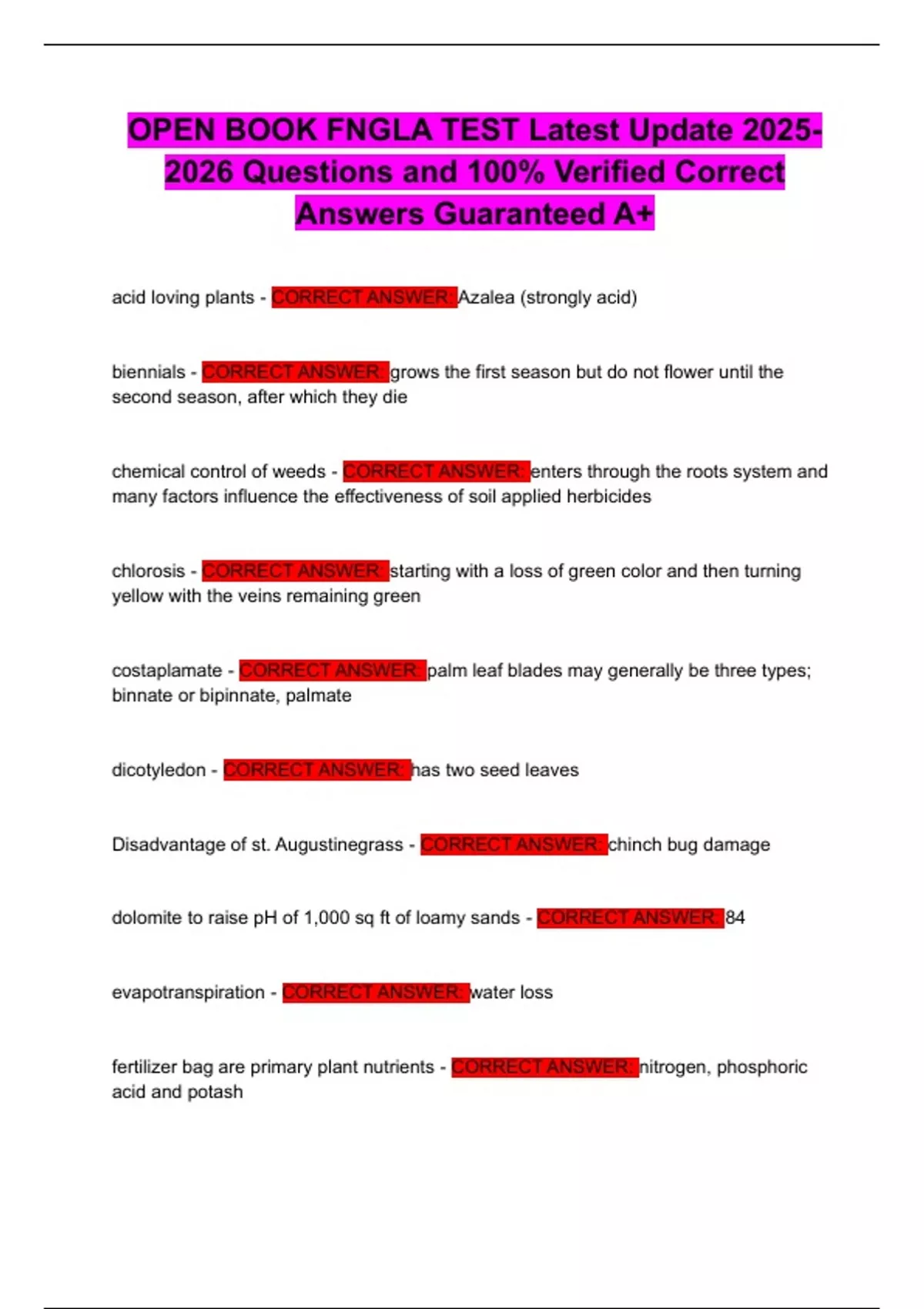 OPEN BOOK FNGLA TEST Latest Update Questions and 100% Verified Correct ...