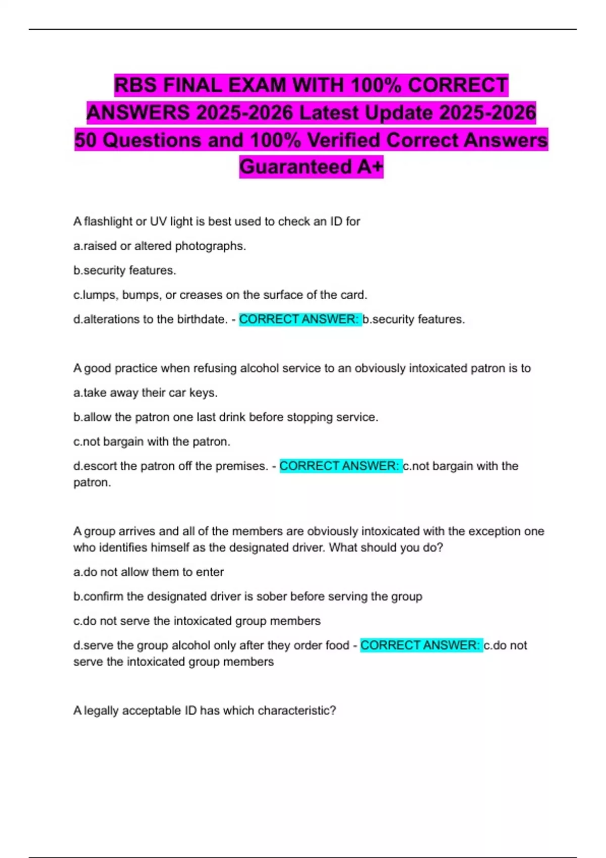 RBS FINAL EXAM WITH 100% CORRECT ANSWERS Latest Update 50 Questions and ...