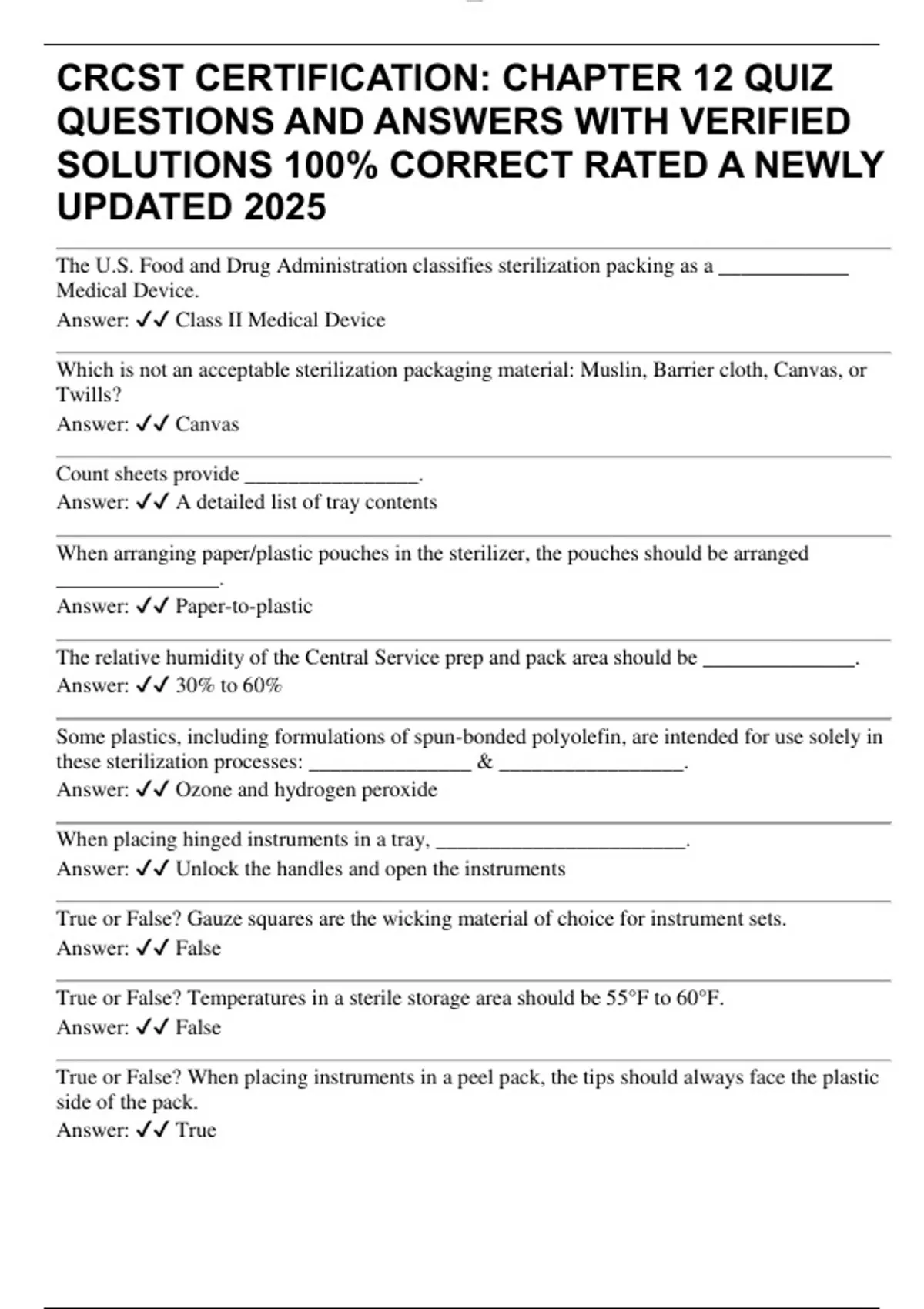 CRCST CERTIFICATION: CHAPTER 12 QUIZ QUESTIONS AND ANSWERS WITH ...