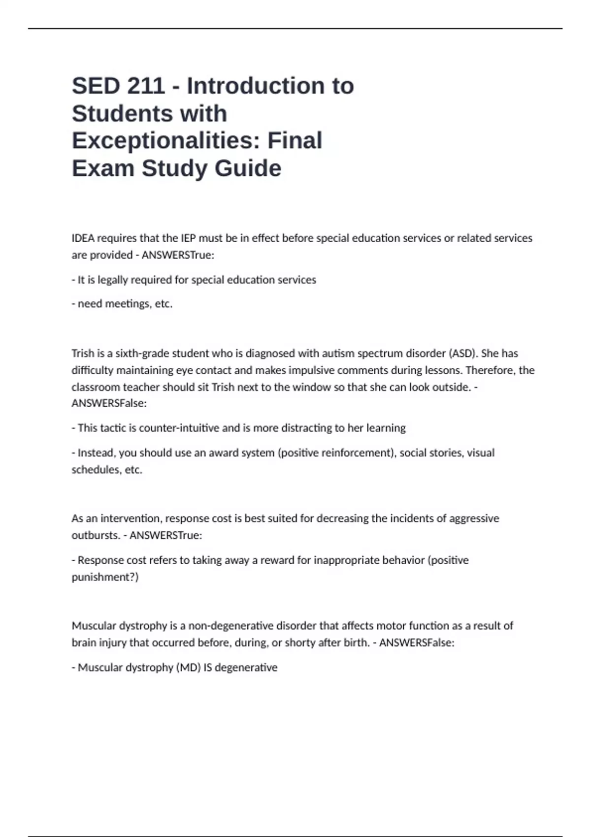 SED 211 - Introduction to Students with Exceptionalities: Final Exam Study Guide - SED 211 ...